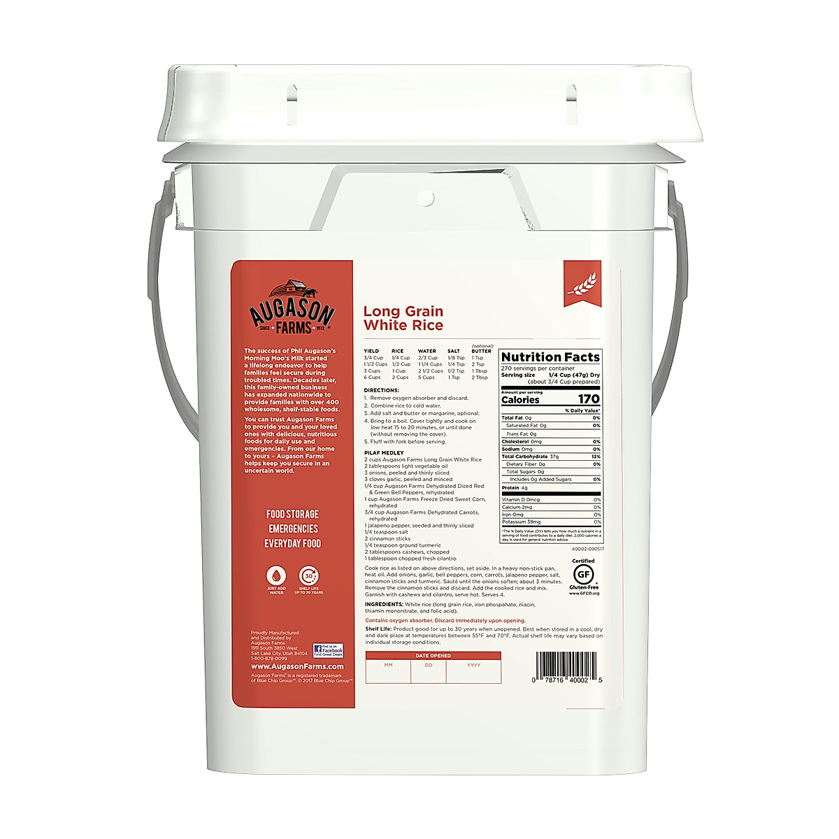 Augason Farms Long Grain White Rice Emergency Food Storage 24 Pound Pail
