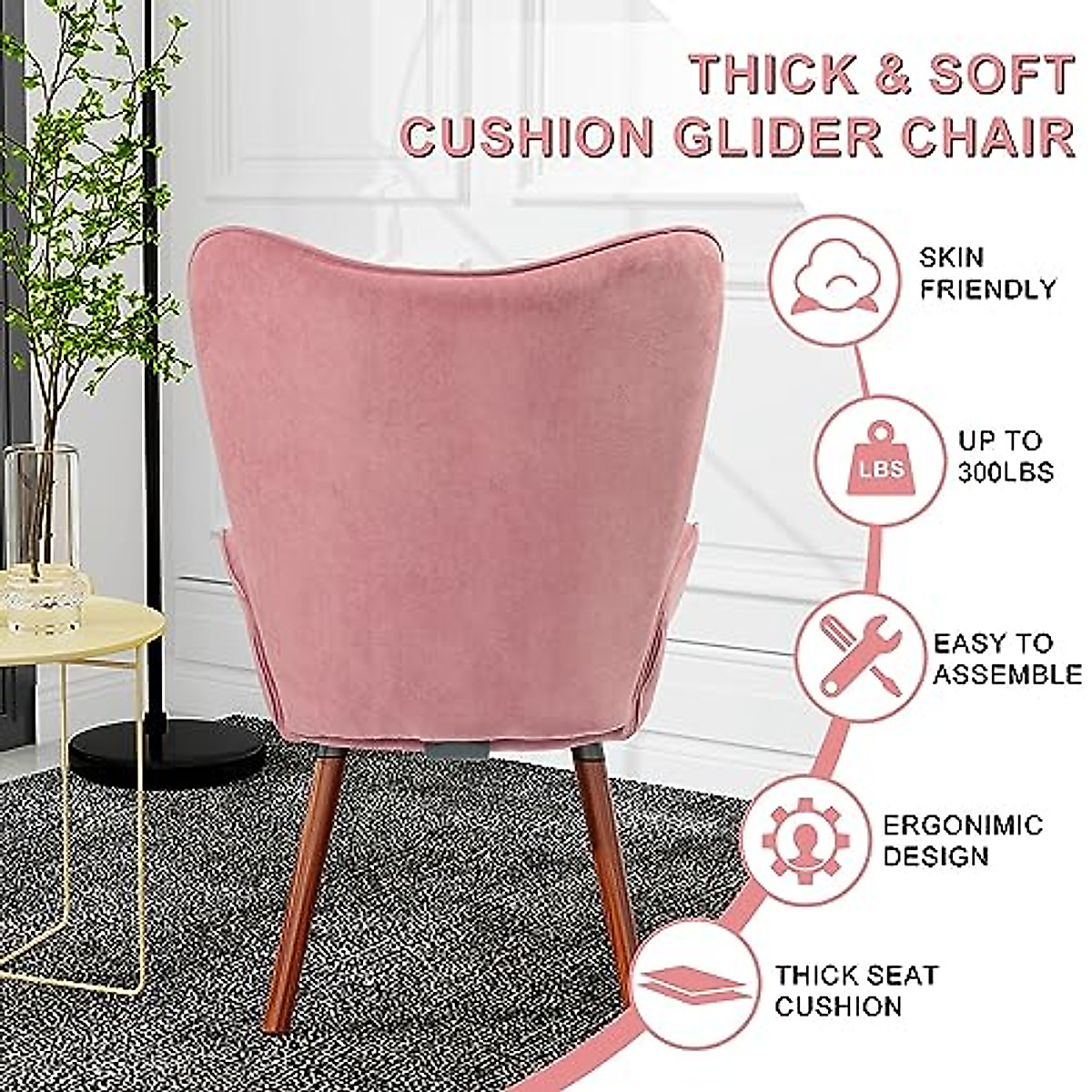 Fangflower Rose Velvet Accent Chair, Modern Button-Tufted Wingback Vanity Seat with Arms, Upholstered High-Back, Sturdy Wooden Legs for Bedroom, Lounge, Living Room
