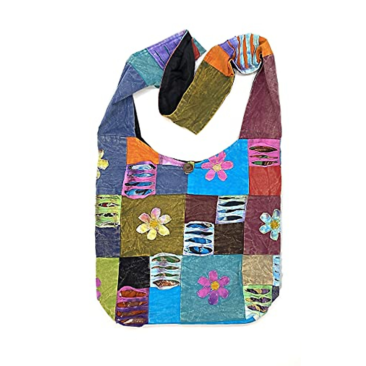 Happy Flowers Razor Cut Hippie Patchwork Sling Crossbody Boho Handbag Bohemian Purse