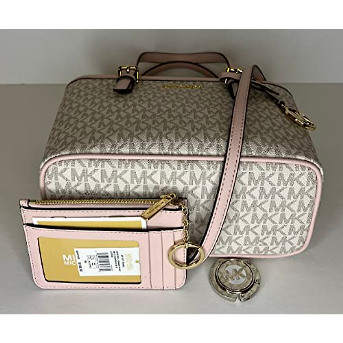 Michael Kors Jet Set Travel XS Carryall Convertible Top Zip Tote bundled with SM TZ Coinpouch and Purse Hook (Signature MK Vanilla/Pink)
