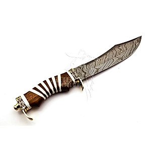 Skokie Knives Custom Hand Made Damascus Steel Hunting Knife Handle Camel Bone (Brown)