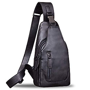 Genuine Leather Sling Bag for Men Chest Shoulder Crossbody Hiking Backpack Vintage Handmade Daypack (Black)
