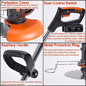 Cordless String Trimmer Weed Wacker Battery Powered 3 in 1Electric Weed Wacker with 2 Battery, Charger, 10 Plastic Blades, 4 Stainless Steel Blades, 2 Round Metal Saw Blades, and Wheels, 3.9lb