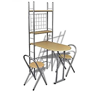 GOLINPEILO Foldable Breakfast Bar Set with 2 Chairs, MDF Table with 2 Shelves and Two Chairs with Steel Frame for Dining Room Kitchen Bar Breakfast