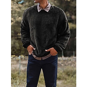 Mens Fuzzy Sherpa Sweatshirt Long Sleeve Fluffy Crew Neck Pullover Cozy Basic Unisex Fall Winter Warm Tops Black