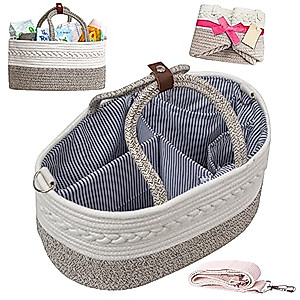 BIBSYBABY Diaper Caddy Baby Basket - 100% Cotton Rope Diaper Basket with 2 Pockets, Handle Locker and Removable Shoulder Strap - Baby Shower Bag & Baby Registry Must Haves, Brown