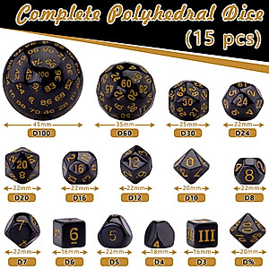AUSTOR 15 Pieces Complete Polyhedral Dice Set D3-D100 Game Dice Set with a Leather Drawstring Storage Bag for Role Playing Table Games(Black & Yellow)