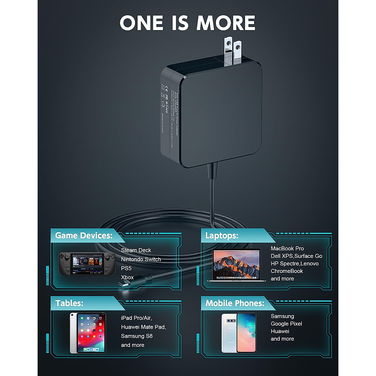 65W/45W PD Foldable Power Adapter, USB C Fast Charger for Steam Deck/Nintendo Switch/Steam Deck TV Dock Console/Switch/Lite/Phone/Tablet/Laptop