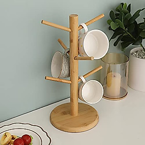 olelo Bamboo Mug Holder Stand,Countertop Coffee Mug Tree with 6 Hooks,Mug Rack & Tea Cup Organizer (Round)