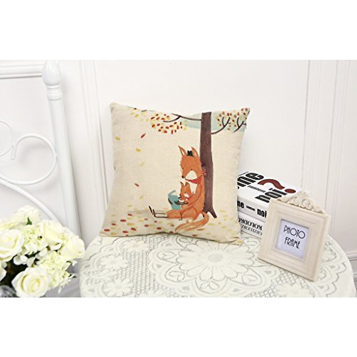 ChezMax Cute Fox Pattern Cushion Cover Cotton Linen Pillowslip Square Decorative Throw Pillow Case 18 X 18''