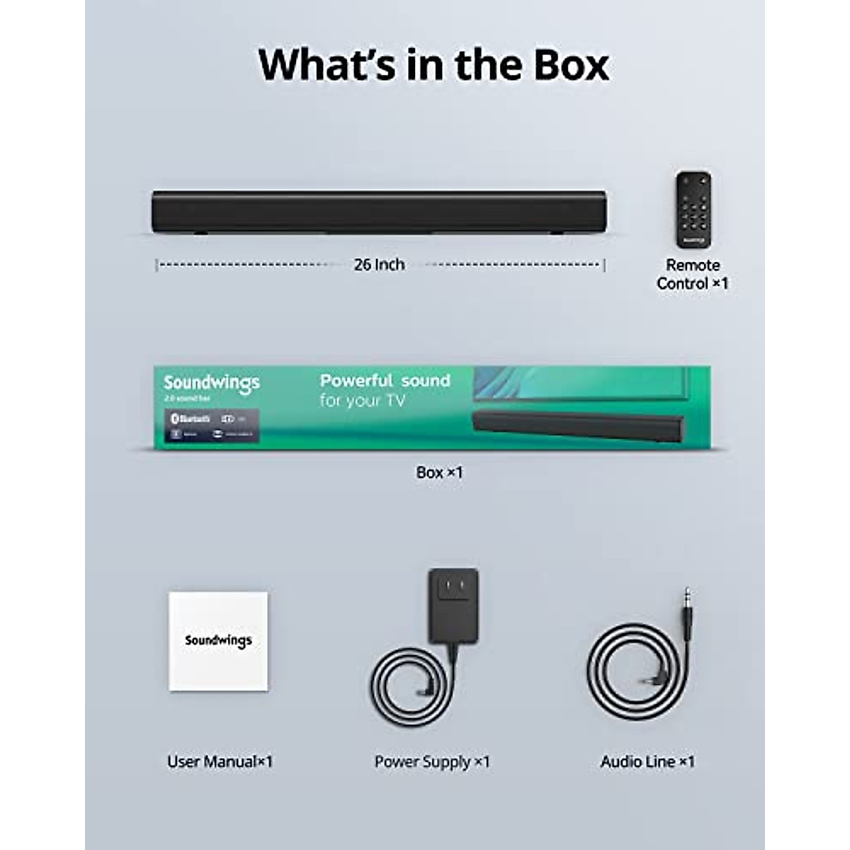 Sound Bar, SOUNDWINGS 26-Inch Soundbar for TV, 3D Surround Sound Audio System, Bluetooth 5.1/USB Connectivity, Button/Remote Control, for 4K & HD TV, 3 Equalizer Mode for Home Theater/Gaming/Projector