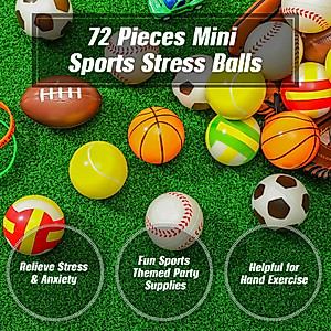 72 Pcs Sports Stress Balls Bulk 2.5 Inch Party Favor for Kids Mini Foam Stress Balls Pool Beach Toys Basketball Football Baseball Soccer Tennis Volleyball for Sports Party Supplies, Stress Relief