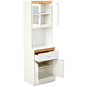 Hodedah Long Standing Kitchen Cabinet with Top & Bottom Enclosed Cabinet Space, One Drawer, Large Open Space for Microwave, White
