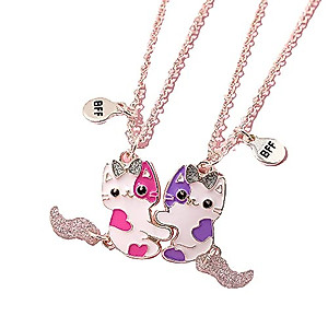 Saalort Best Friends Necklace for 2 Magnetic Split Heart Necklaces Set Friendship Gifts BFF Matching Pendant (Cat)