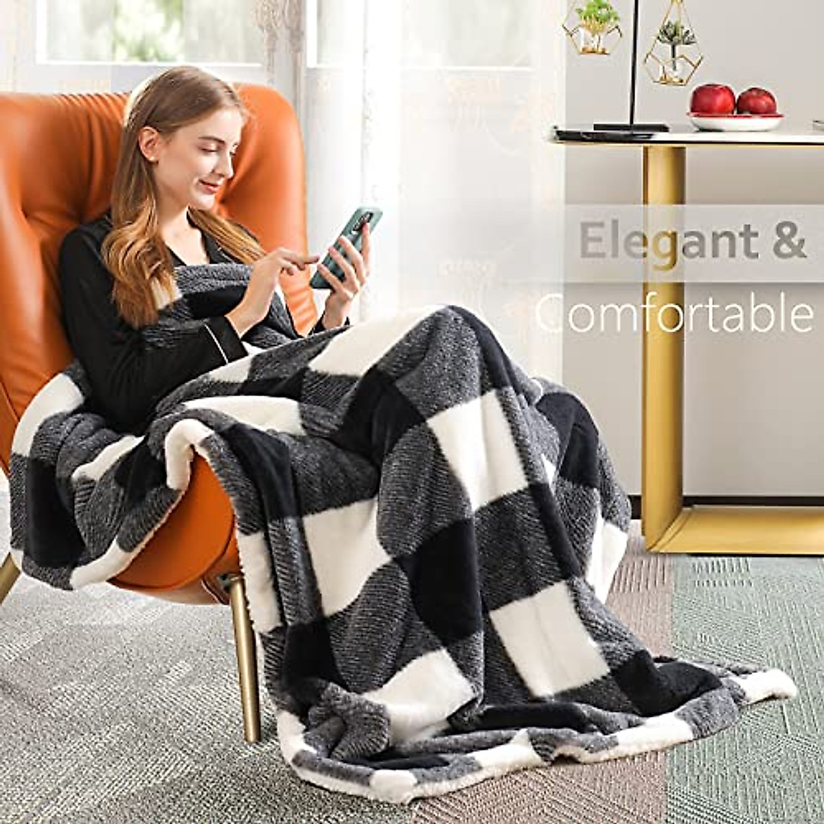 Monbix Queen Sherpa Throw Blankets Soft Fuzzy Warm, Fluffy Throw Blankets Couch Fleece, Throw Blankets Bed Cozy Machine Washable Faux Fur Plush Thick Comfy Buffalo Plaid Furry Sofa 380gsm 180gsm 90x90