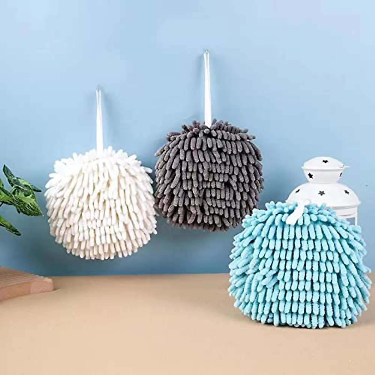 XINOBO 2Pack Chenille Hand Drying Puff Towel Balls, Fuzzy Ball Towel Quick Dry with Hook Hanging, Creative Decorative Bath Towel Set for Bathroom Kitchen - Dry Your Hand Instantly - (Gray & Gray)