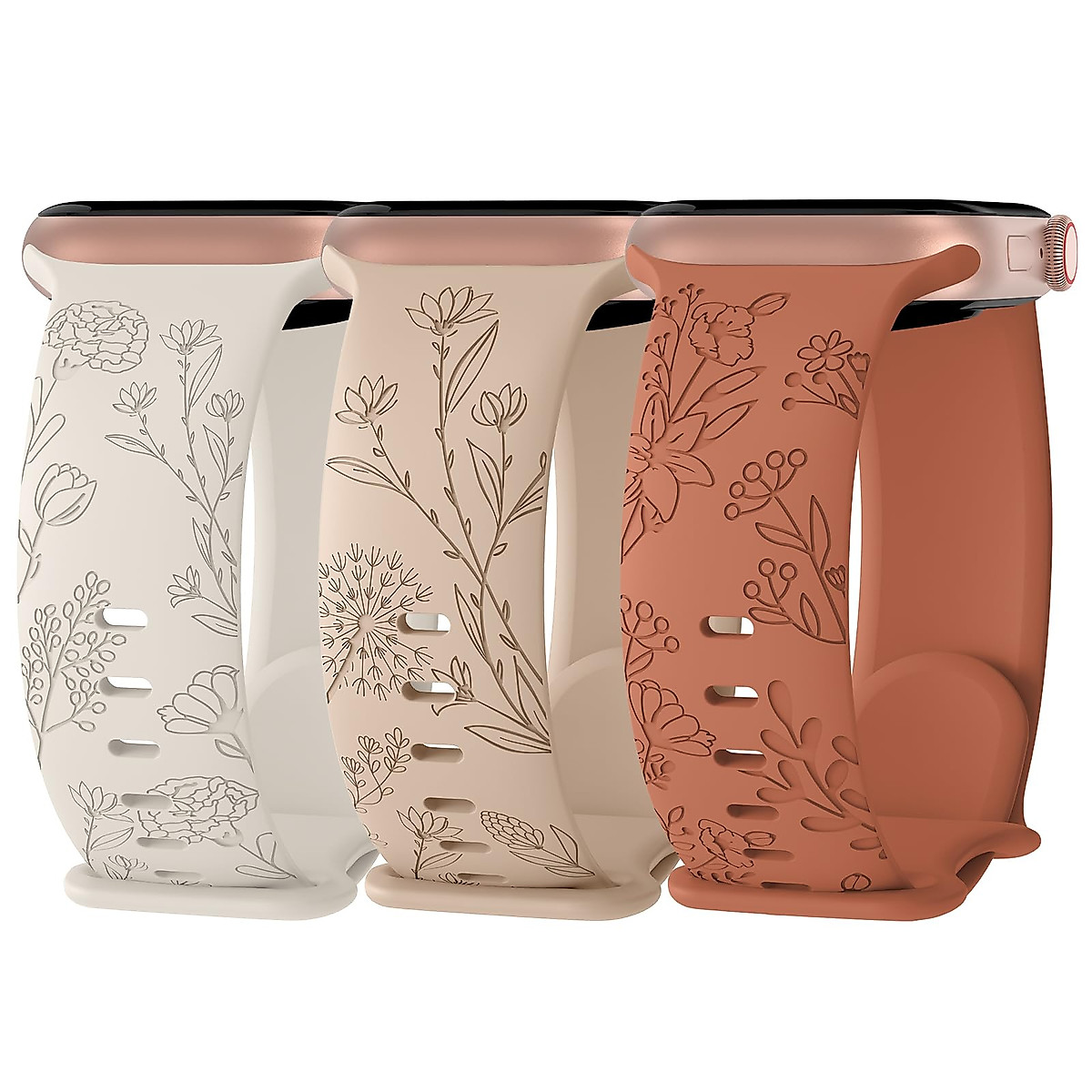 3 Pack Floral Engraved Silicone Bands Compatible with Apple Watch Band 38mm 40mm 41mm 42mm 44mm 45mm 49mm Women, Soft Sport Wildflower Strap for iWatch Ultra Series 9 8 SE 7 6 5 4 3 2 1