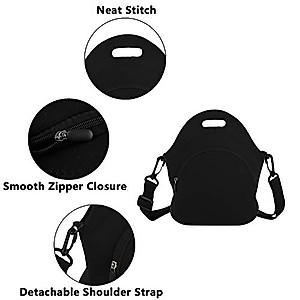 Armofit Black Neoprene Lunch Bag Insulated Reusable Washable Lunch Tote Waterproof Foldable Handbag with Detachable Strap and Extra Front Pocket for Women Men Work Office Picnic