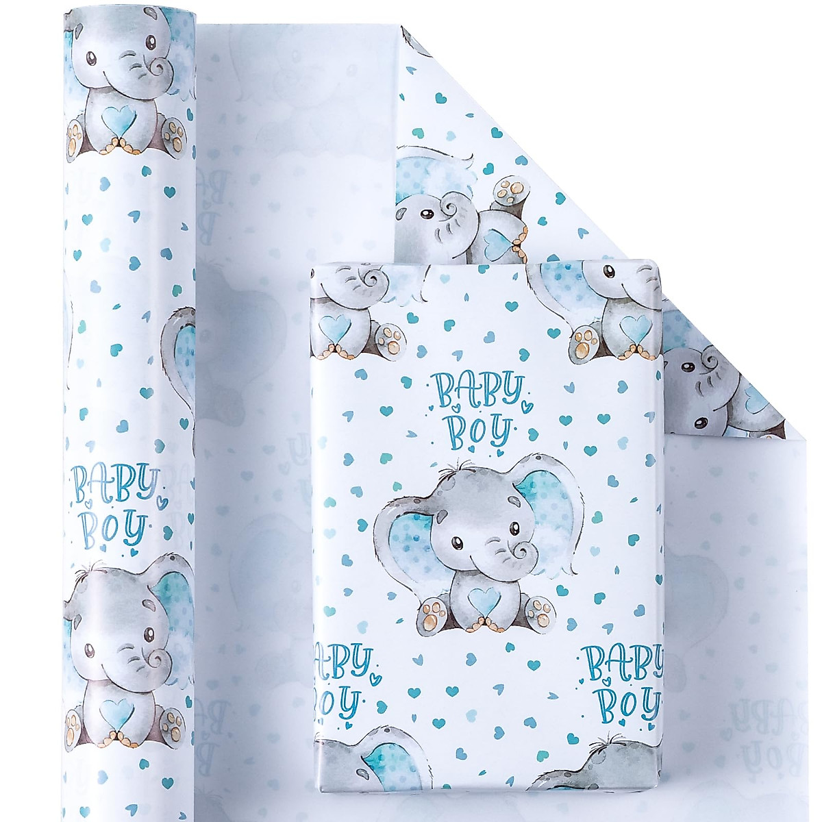 WRAPAHOLIC Baby Boy Wrapping Paper - Mini Roll - 17 Inch X 33 Feet - Adorable Blue Elephant Design for Baby Shower, Party, Holiday