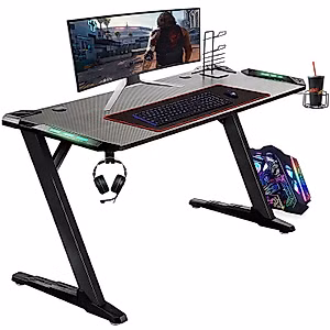 CO-Z 55 Inch Gaming Desk, Z Shaped Gaming Table with 6-Color RGB Lighting, Large Mouse Pad, Controller Stand, Cup Holder & Headphone Hook, Writing Desk Computer Desk for Home Office and More, Black