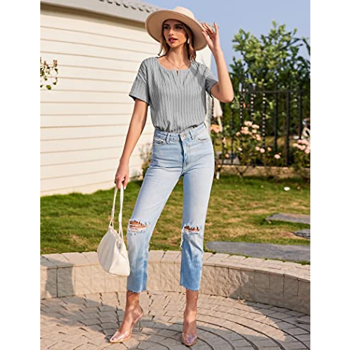 Ekouaer Ribbed Knit Lounge Sets for Women 2 Piece Outfits Short Sleeve Top and Shorts Pajama Sets Tracksuit Sweatsuits Grey