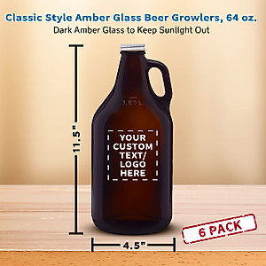 DISCOUNT PROMOS 6 Amber Glass Beer Growlers Set, 64 oz. - Customizable Text, Logo - Screw on Lid, Sturdy, Barware - Amber