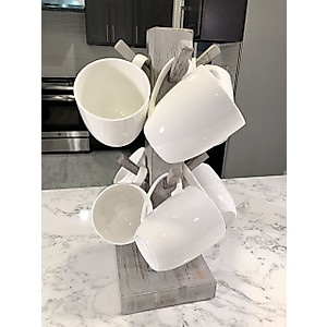 16" Solid Wood Coffee Mug Stand | Coffee Mug Tree | Coffee Mug Rack | Coffee Cup Holder | Adjustable / Removable Hooks | Holds 10 Mugs | Collapsible for Storage | Jewelry / Watch Organization (Gray)