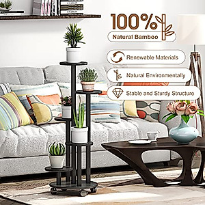FILWH 5 Tier Plant Stand For Outdoor Indoor Tall Bamboo Movable Flower Stand With Wheels Plant Shelf Pot Holder Plants Corner Display Rack Multiple Planter for Living Room Balcony Garden Patio(Black)
