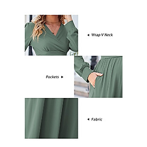 OUGES Fall Maternity Maxi Dresses Long Sleeve Wrap V Neck Baby Shower Dress Maternity Clothes 2025(Gray Green,M)