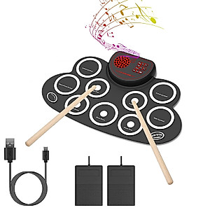 KOCASO Electric Drum Pad Foldable 10-Drum Silicon Drum Kit Dual-Pedal Foldable Electronic Drum Set Machine with Drum 2 Sticks Headphone Jack Speaker for Kids, Beginners