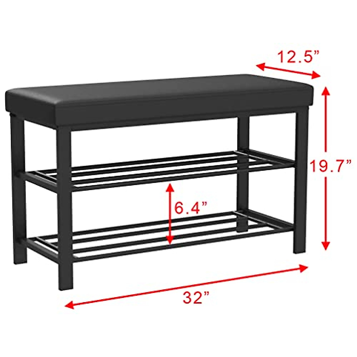 Finnhomy Entryway Shoe Rack with Cushioned Seat, 2 Shelves Storage Bench w/Faux Leather Top Bed Bench, Black