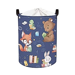 Clastyle 45L Lovely Animals Books Fox Turtle Bear Kids Laundry Hamper Rabbit Deer Koala Blue Round Toy Clothes Storage Basket for Children Room, 14.2x17.7 in