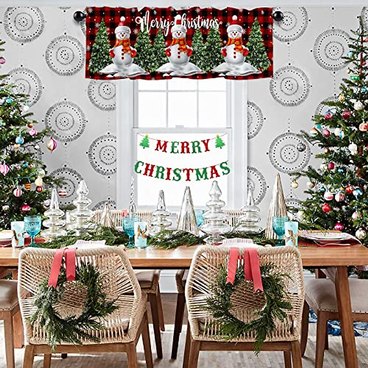 Xmas Tree Curtains Valance for Bedroom Living Room, Christmas Snowman Window Curtains & Drapes Rod Pocket Snowflake Winter Snowy Valances for Kitchen Window Curtains Over Sink 54 x 18in,1 Panel