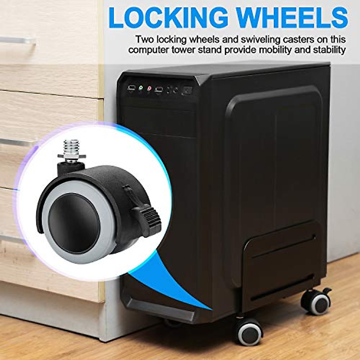 CPU Stand, Computer Tower Stand with 2 Locking Wheels and 2 Caster Wheels, UPC Steel Rolling Stand Computer Stand for Desktop Tower (Black)
