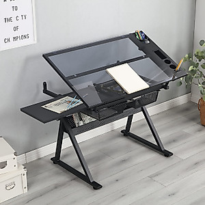 LKKRO Black Adjustable Tempered Glass Drafting Printing Table with Chair