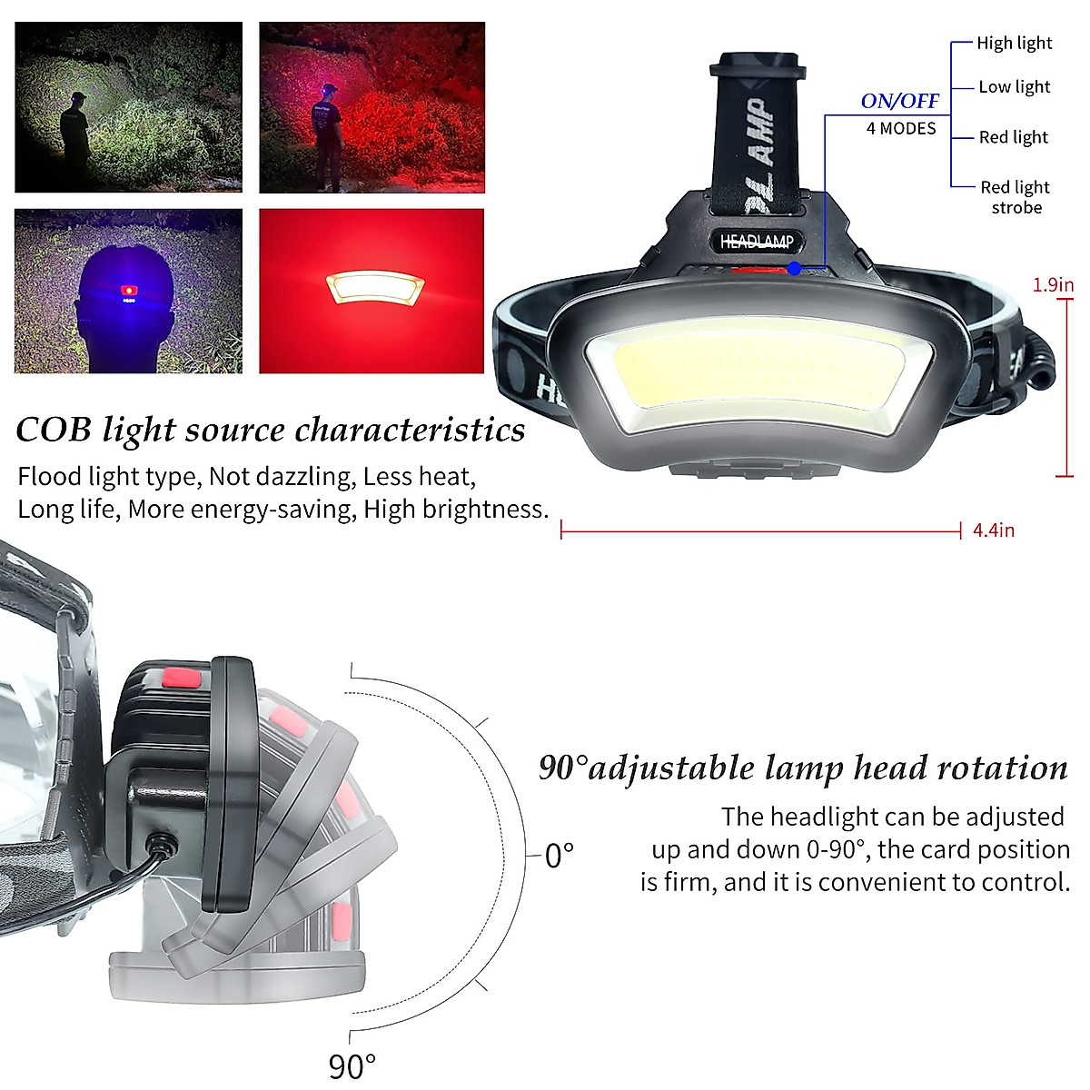 DARKBEAM COB Floodlight Headlamp USB Rechargeable with Red Light, 2000 Lumen LED Headlight - Car Maintenance and Night Construction 6-10 Hours Long Battery Life