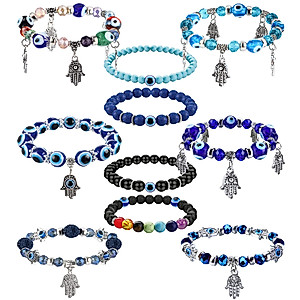 Ubjuliwa 10pcs Evil Eye Bracelet for Women Men Hamsa Blue Evil Eye Beaded Charm Stretch Bracelet Hand of Fatima Turkish Protection Bracelet Chakra Evil Eye Jewelry Gift