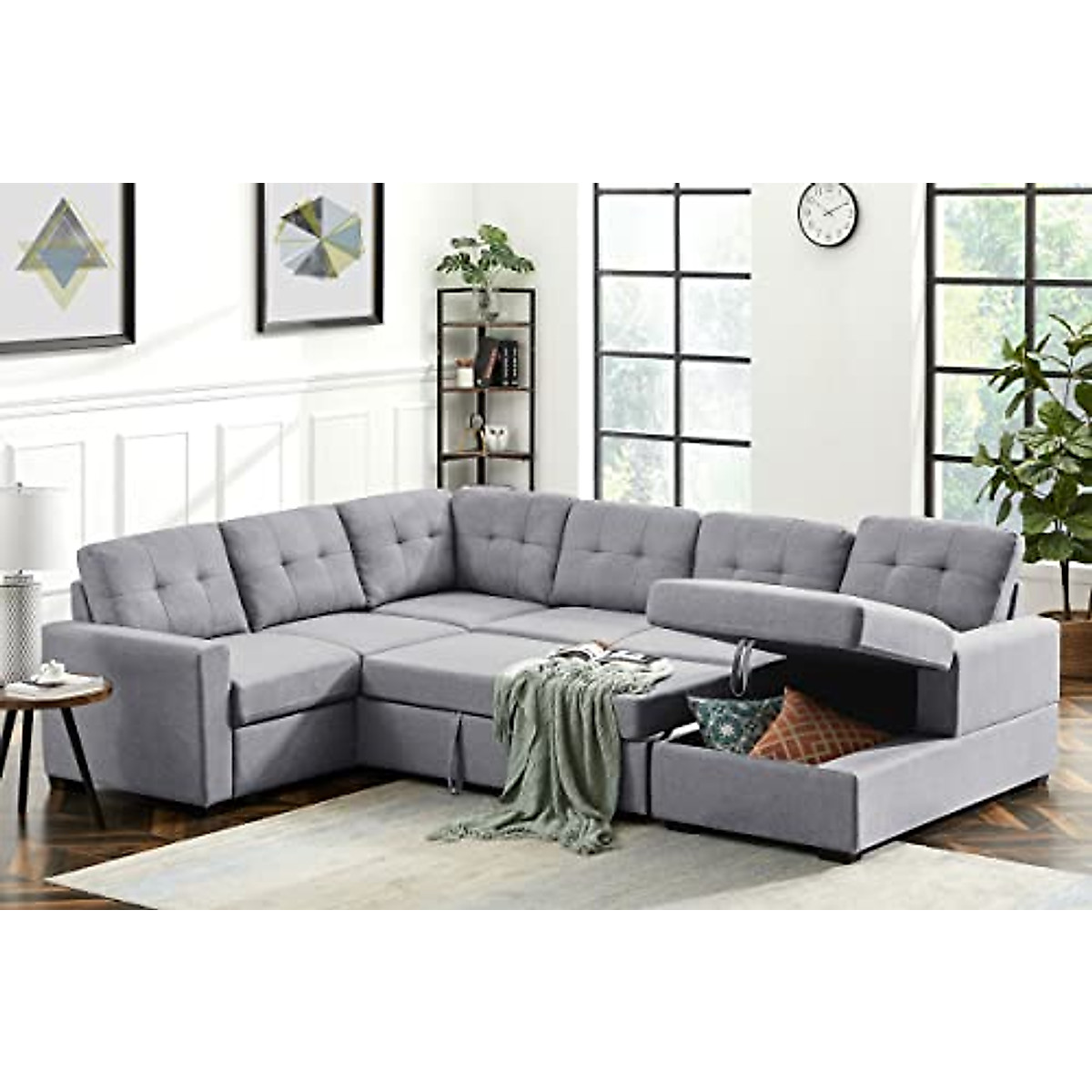 FANYE U-Shaped Sleeper Sectional Sofa with Left Storage Chaise Lounge and Pull Out Sleep Couch Bed, Modern Corner Sofa & Couch Convertible Oversized Sleeper & Sofabed for Home Apartment Living Room