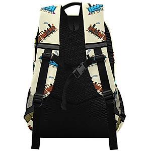 Retro Steam Trains School Backpacks with Chest Strap for Teens Boys Girls,Lightweight Student Bookbags 17 Inch, Cartoon Style Casual Daypack Schoolbags