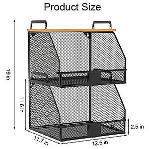 PUPPYCUTE Stackable Wire Basket with Bamboo Top, Wall Mounted Kitchen Counter Pantry Organization and Storage, Cabinet Countertop Space Saving Organizing Produce Fruit Onion Potato Organizer Bin 2 Set