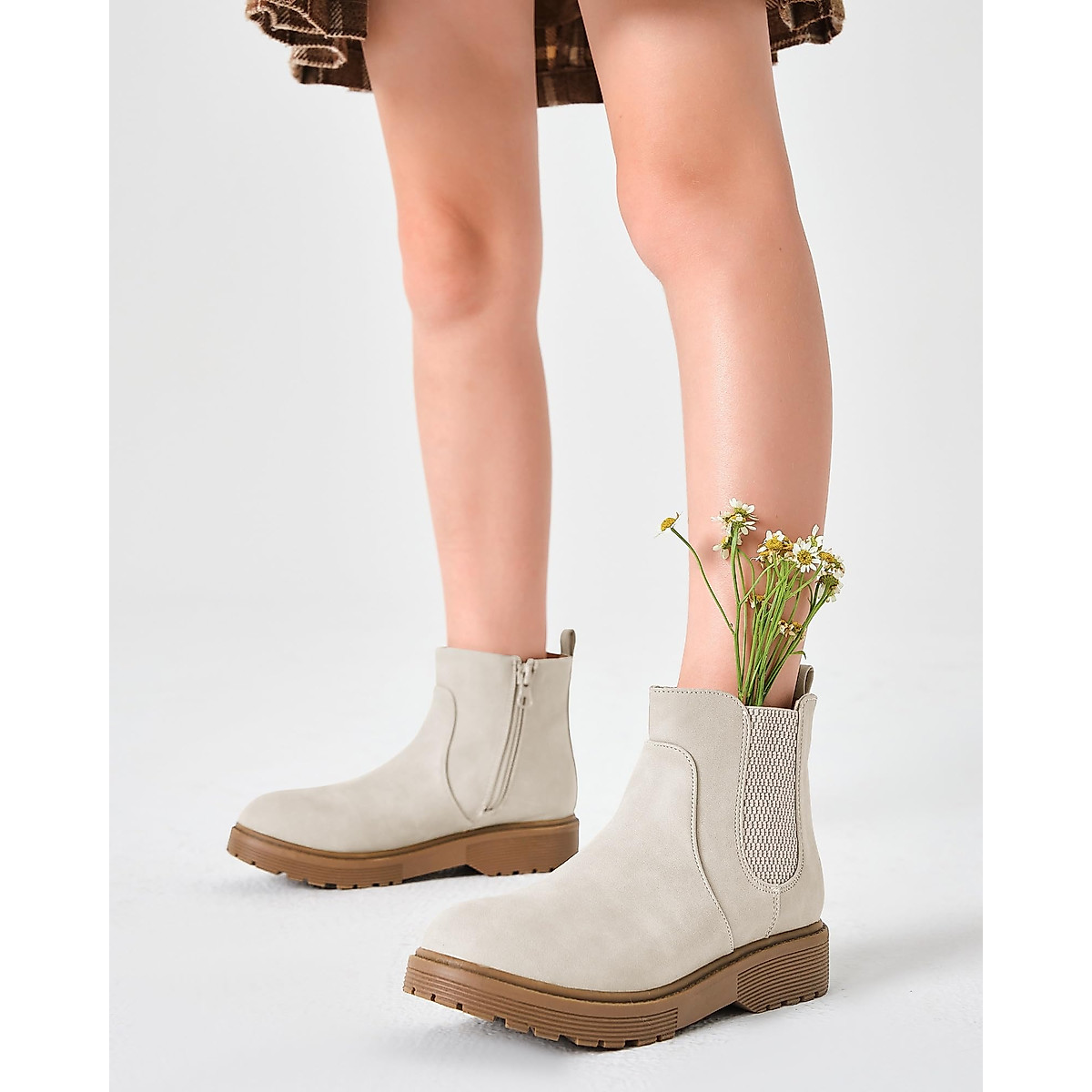 Coutgo Girls Kids Lug Sole Ankle Boots Side Zip Chunky Low Heel Slip On Winter Casual Chelsea Booties Shoes