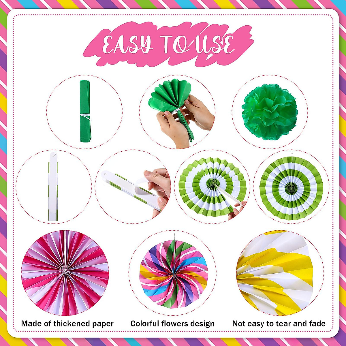 Outus 21 Pcs Candyland Hanging Paper Fans Decorations Candy Party Classroom Decor Lollipop Candy Tissue Paper Fans for Garland Ceilings Candyland Theme Kids Birthday Party Supplies(Pom Poms)