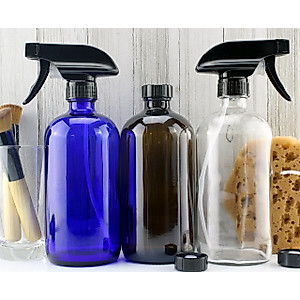 16oz Glass Bottles w/Heavy Duty Sprayers - Three Pack Bundle (1 Cobalt Blue, 1 Amber, 1 Clear); Boston Round; 3-Setting Spray Tops + Black Lids