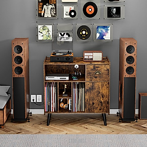 miadore Record Player Stand, Vinyl Records Storage Cabinet Display Shelf with Power Outlet, Turntable Stand Mid-Century Record Player Table with Wood Legs for Living Room,Bedroom,Office