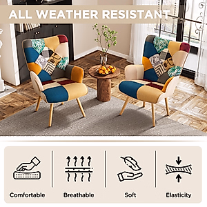 Fahomiss Accent Chair, Living Room Chair, Modern High Back Armchair, Colorful Patchwork Reading Chairs for Bedroom, Lounge Chair with Linen Fabric Shell and Solid Wood Feets (1, Colorful)