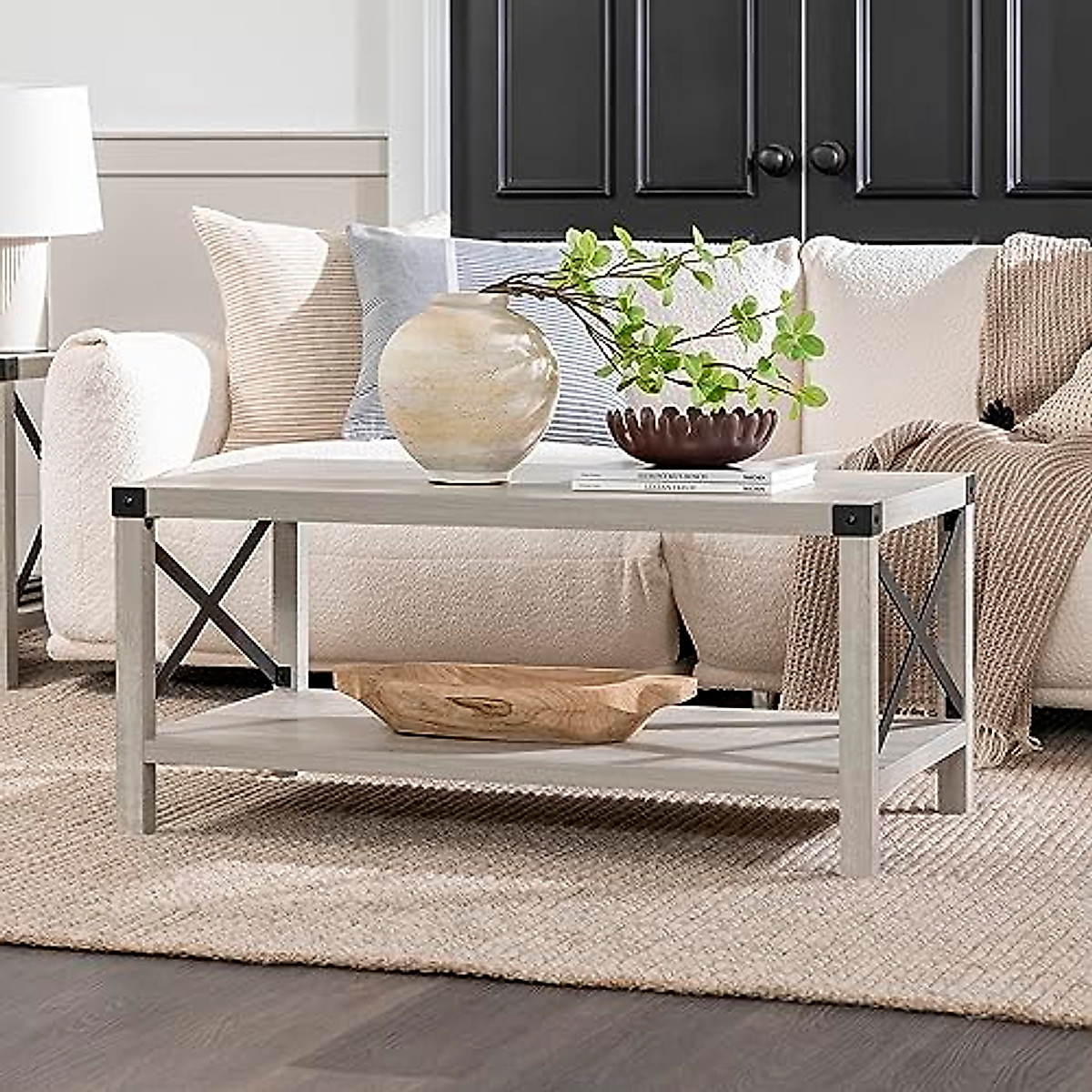 Walker Edison Sedalia Modern Farmhouse Metal X Coffee Table, 40 Inch, Stone Grey