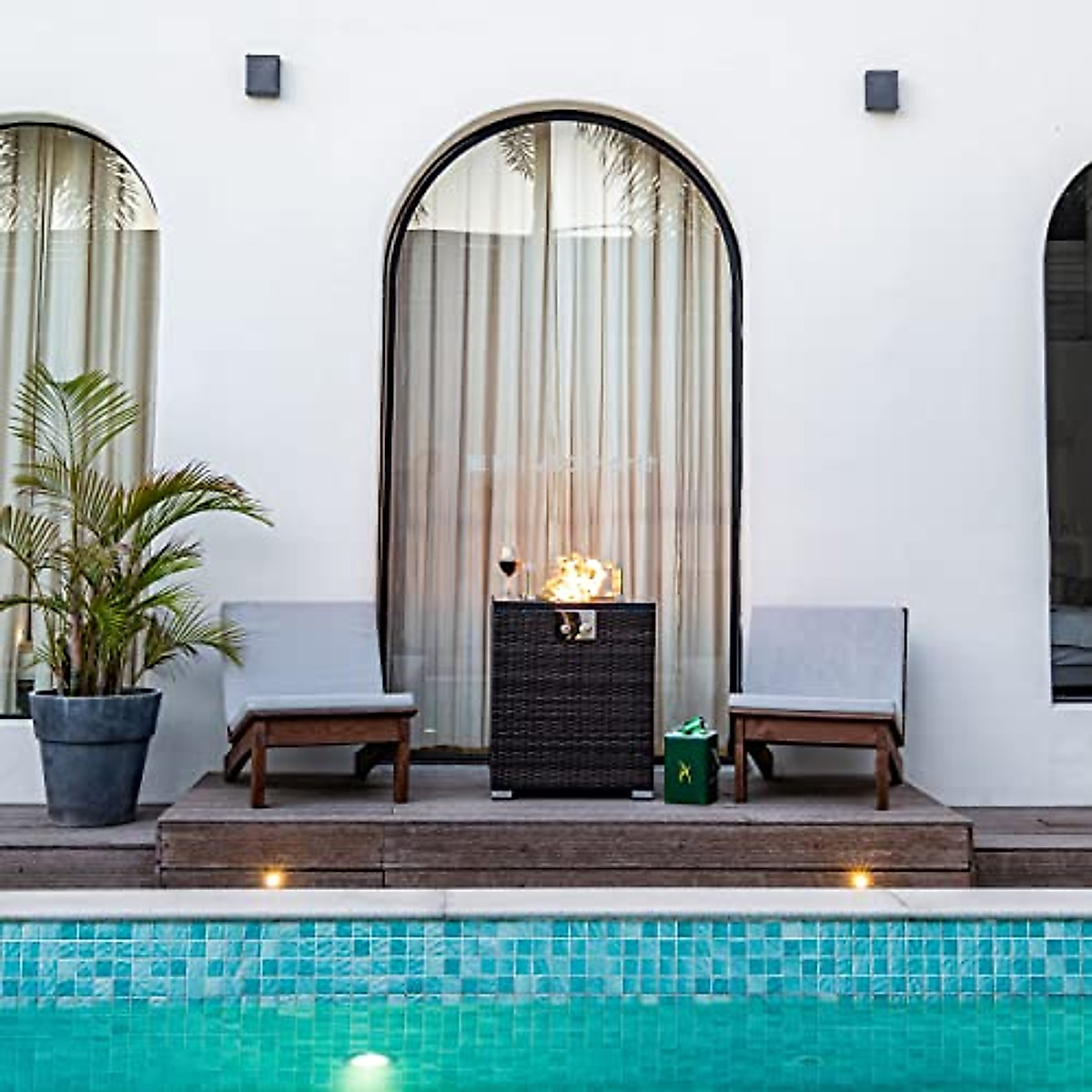 AJ Enjoy 24in Outdoor Propane Gas Fire Pit Table, 40,000 BTU Auto-Ignition Gas Firepit with Glass Wind Guard, Marble Tile Tabletop, Mixed Color Glass Rocks, Brown PE Rattan