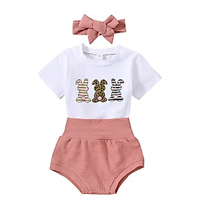 Fernvia Infant Baby Girls Easter Outfits Short Sleeve Rabbit Print Romper Elastic Waist Shorts with Hairband 3Pcs Clothes Set (A Pink, 6-12 Months)
