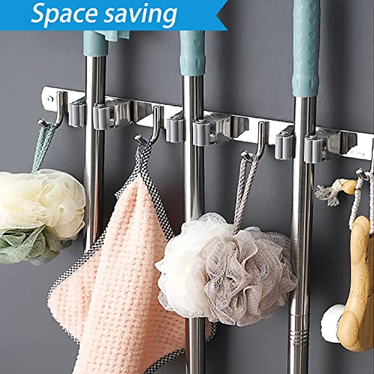 HXcomet Broom Mop Holder, Stainless Steel Wall Mounted Storage Organizer Cleaning Tool for Kitchen, Garage, Garden, Bathroom Organization Storage (3 Racks 4 Hooks)