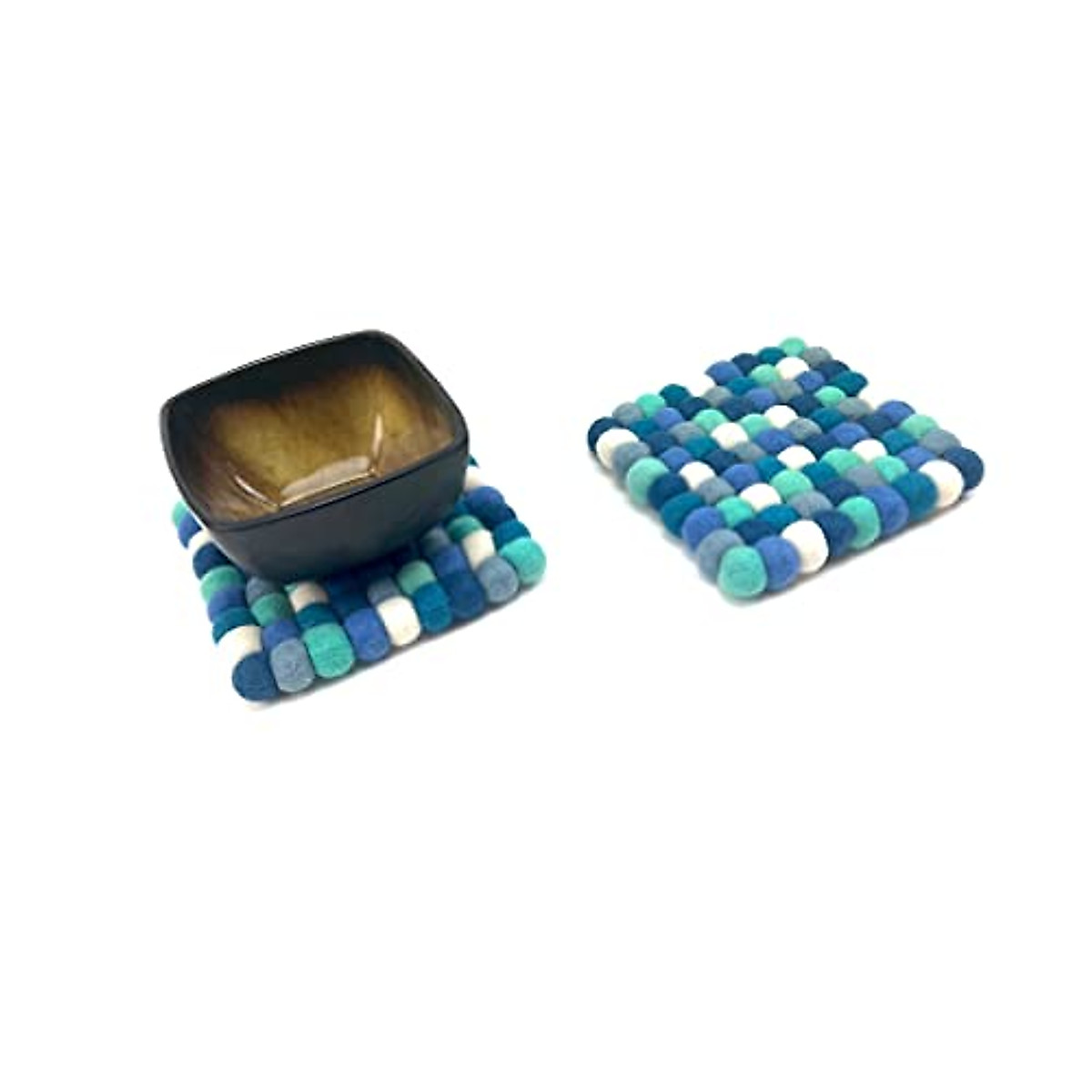 Handmade Trivet, Felt Ball Trivet, Potholders, Trivets, 100% Wool, Felt, Hot Pot Holders (Set of 2) Hot Pads, Flexible, Durable, Heat Resistant Mat, Mats, Square Trivet (Bluesh, Square)